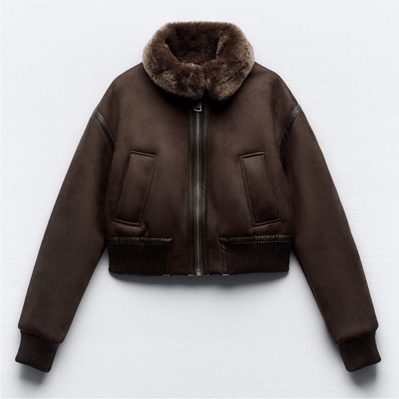 Zara | Jackets & Coats | Zara Double Faced Aviator Jacket Brown Suede ...